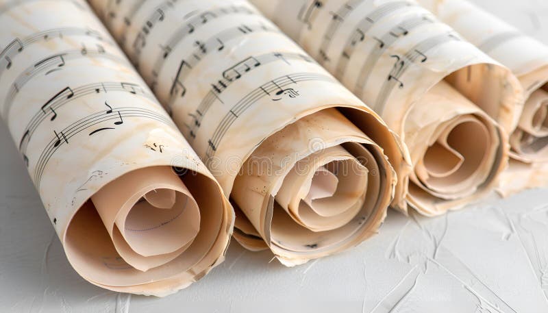 Rolled Sheets with Music Notes on Light Background, Closeup Stock Photo ...