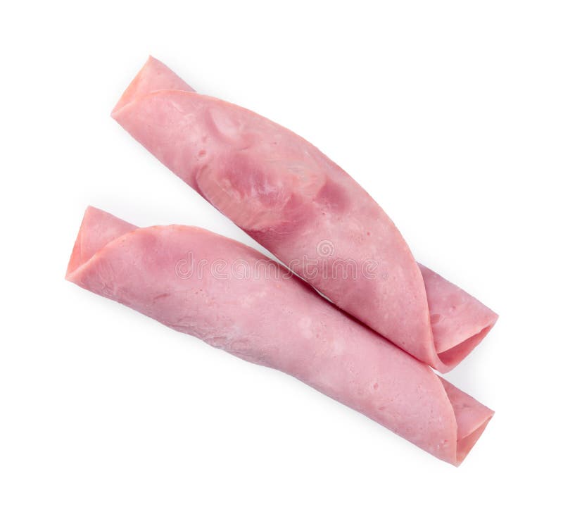 Rolled Slices of Tasty Ham Isolated on White, Top View Stock Photo ...