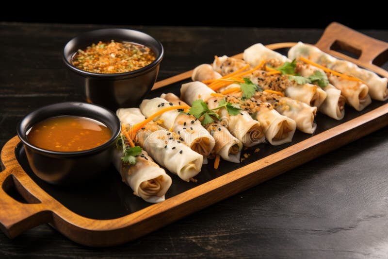 Rolled Spring Rolls on a Tray with Dipping Sauce Stock Image - Image of ...