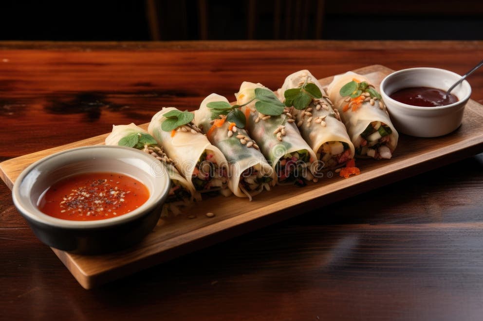 Rolled Spring Rolls on a Tray with Dipping Sauce Stock Photo - Image of ...