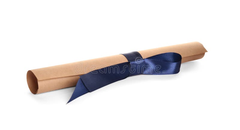 Rolled Student`s Diploma with Blue Ribbon Isolated on White Stock Photo ...