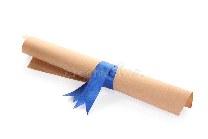 Rolled Student`s Diploma with Blue Ribbon Isolated on White Stock Photo ...