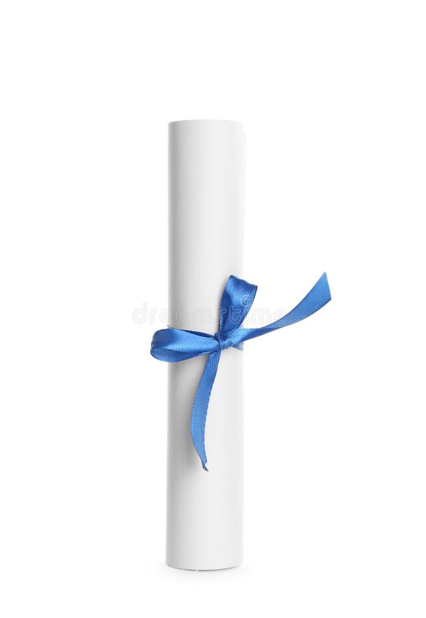 Rolled Student`s Diploma with Light Blue Ribbon Isolated on White Stock ...