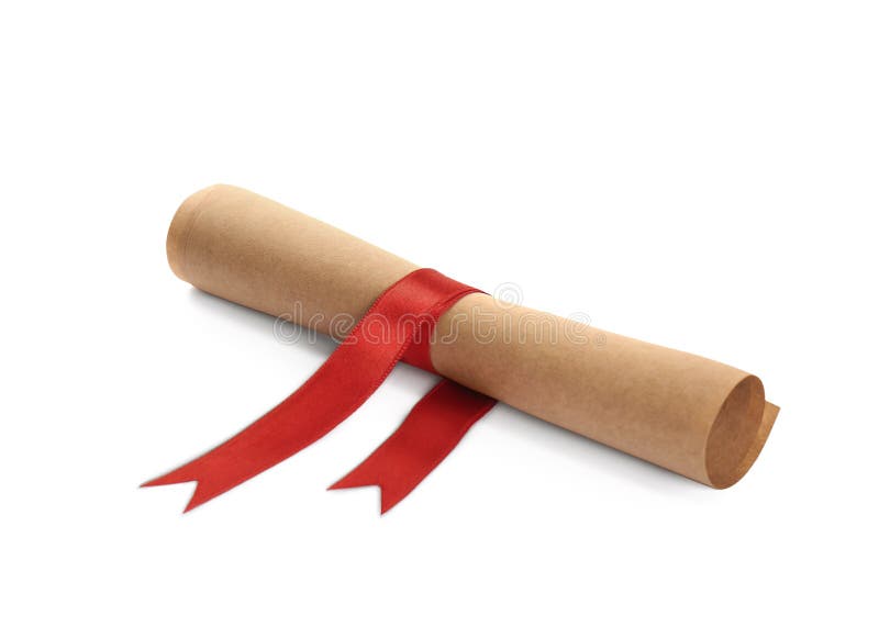 Rolled Student`s Diploma with Red Ribbon Isolated on White Stock Image ...