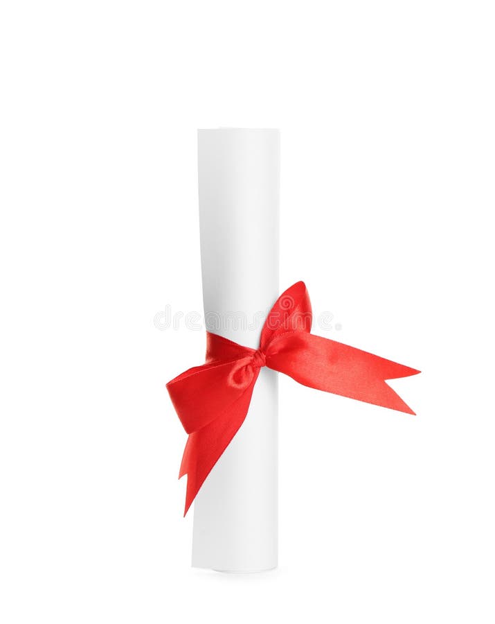 Rolled Student`s Diploma with Red Ribbon Isolated on White Stock Photo ...