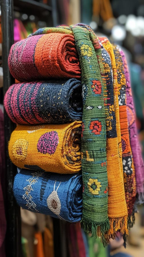 Rolled Textiles in Vibrant Colors and Intricate Patterns Stacked in a ...