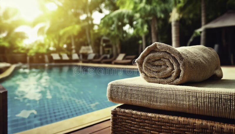 Rolled Towel on a Beige Lounger by a Turquoise Pool Stock Illustration ...