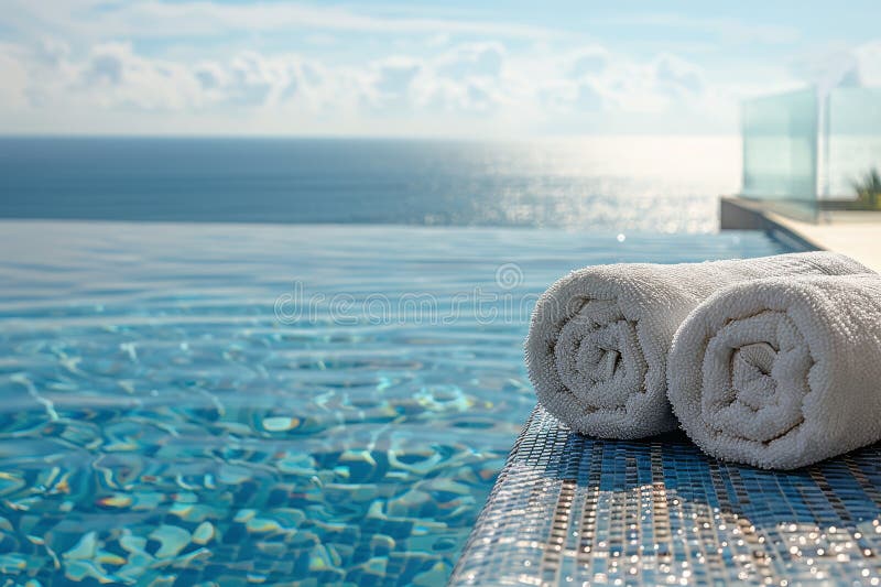 Rolled Towels beside a Blue Infinity Pool with a View of the Ocean on a ...