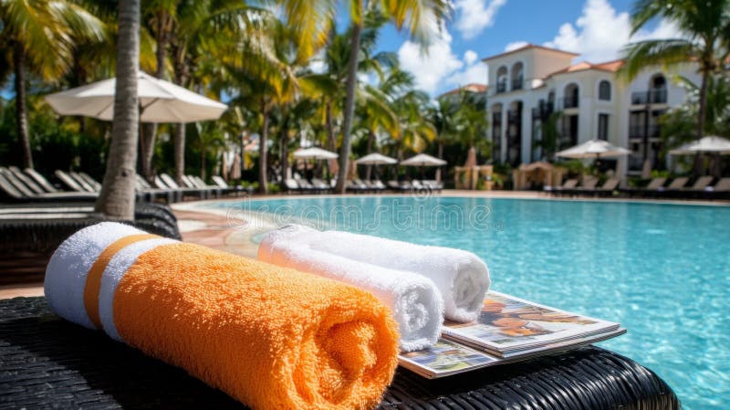 Rolled Towels and Magazine by a Resort Pool Stock Illustration ...