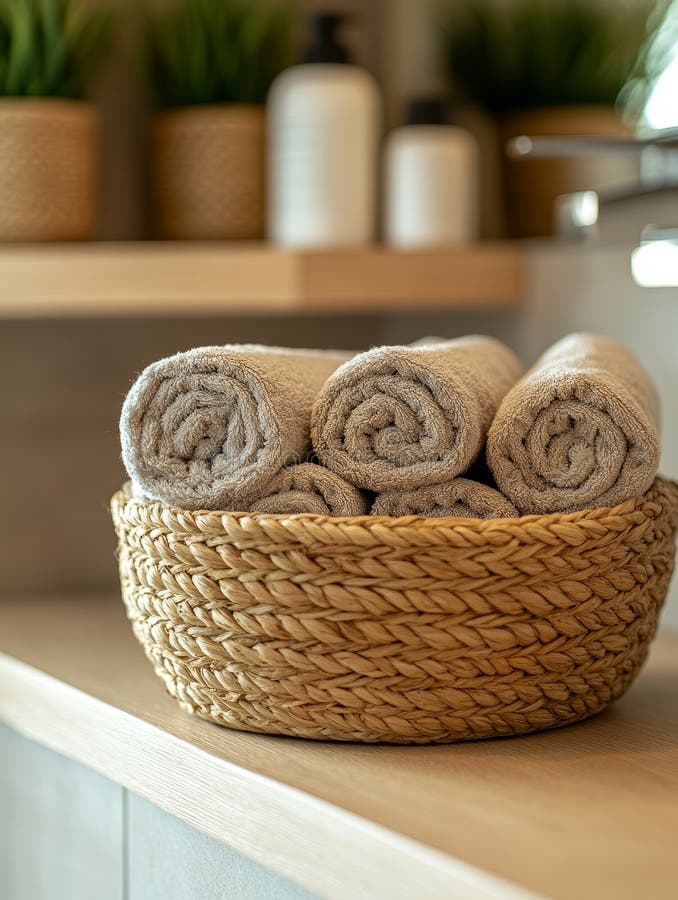 Rolled Towels in a Woven Basket on a Bathroom Shelf. Stock Image ...