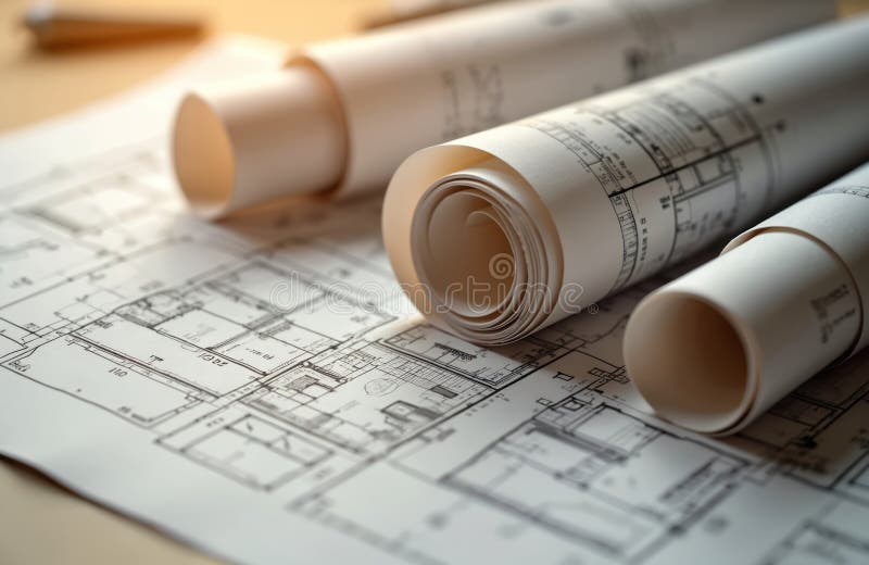 Rolled-up Blueprints for Building Project. Detailed Building Plans Show ...