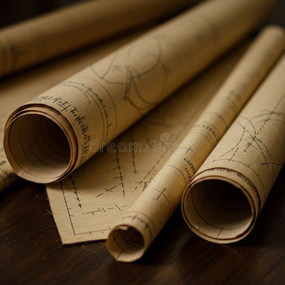 Rolled-up Brown Paper Displaying Sewing Patterns, Featuring Dashed and ...