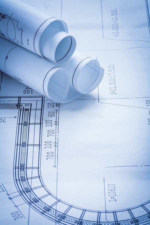 Rolled Up Construction Drawings Building and Stock Photo - Image of ...