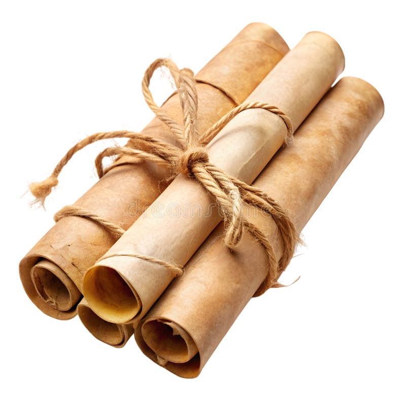 Rolled Up Old Parchment Scrolls Bound with Twine on a Black Background ...