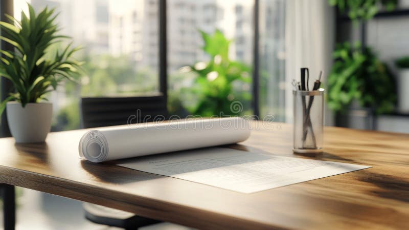Rolled-up Paper on a Wooden Desk in a Modern Office Stock Illustration ...