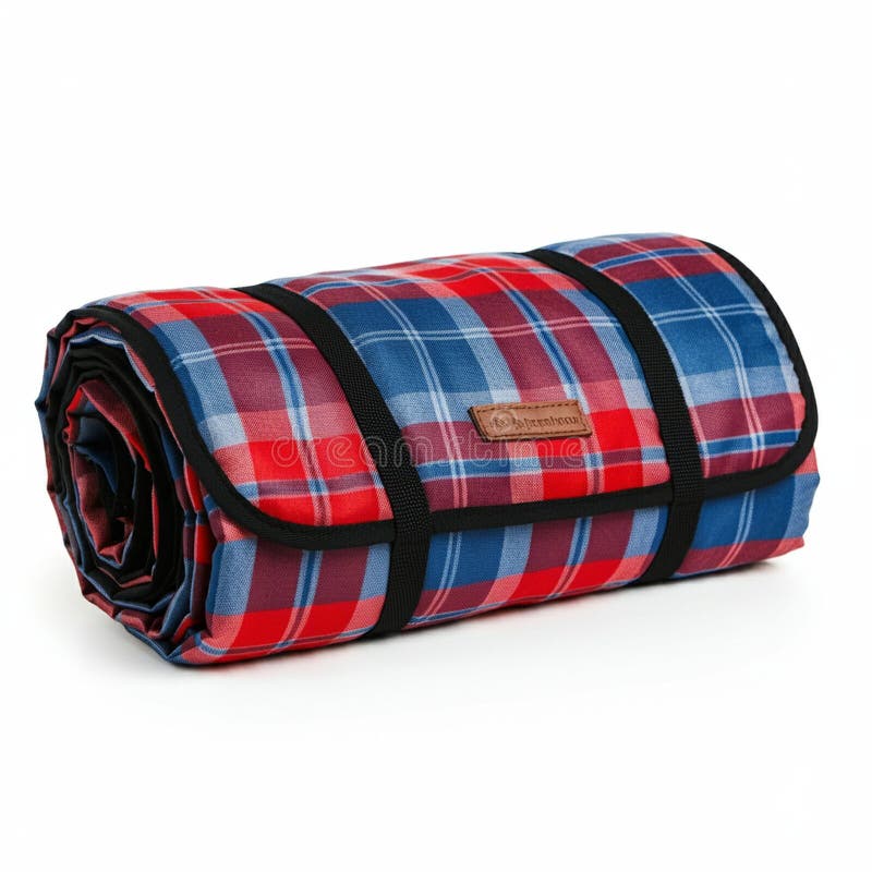 A Rolled-up Plaid Picnic Blanket Featuring a Red and Blue Tartan ...