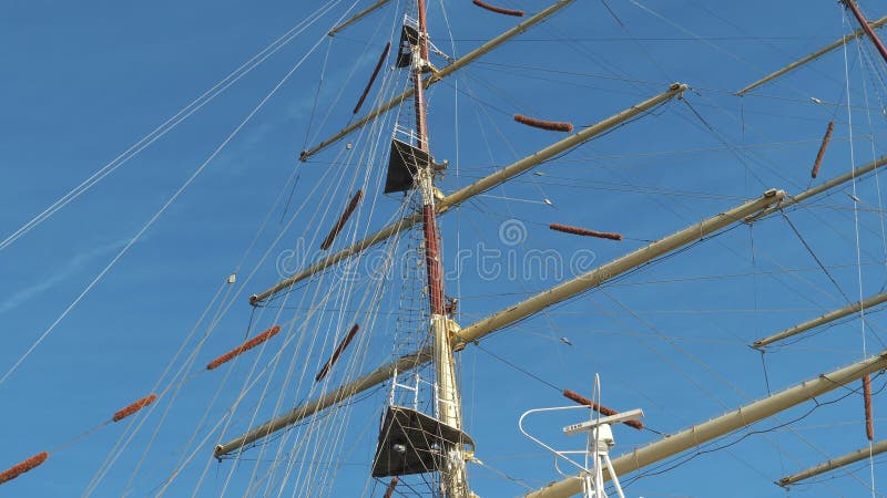 Rolled Up Sails at the Sailing Ship. Blue Sky Background Stock Footage ...