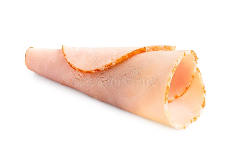 A Rolled Up Single Slice of Chicken Ham Isolated on White Stock Photo ...