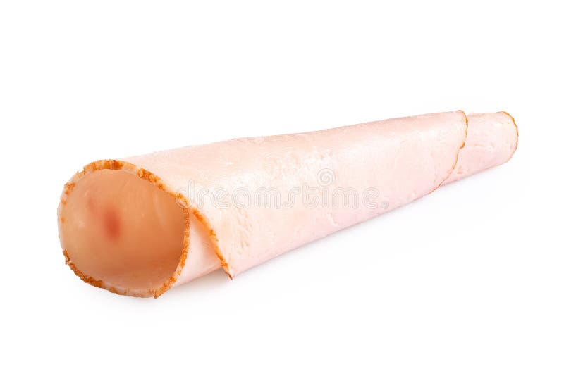A Rolled Up Single Slice of Chicken Ham Isolated on White Stock Photo ...