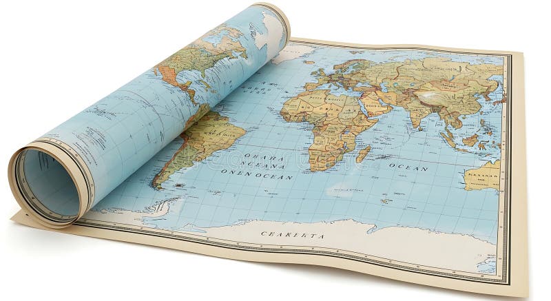 A Rolled-up World Map Featuring Continents in Various Colors on a Light ...