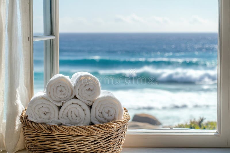 Rolled White Towels in Basket by Open Window Overlooking Ocean Waves ...