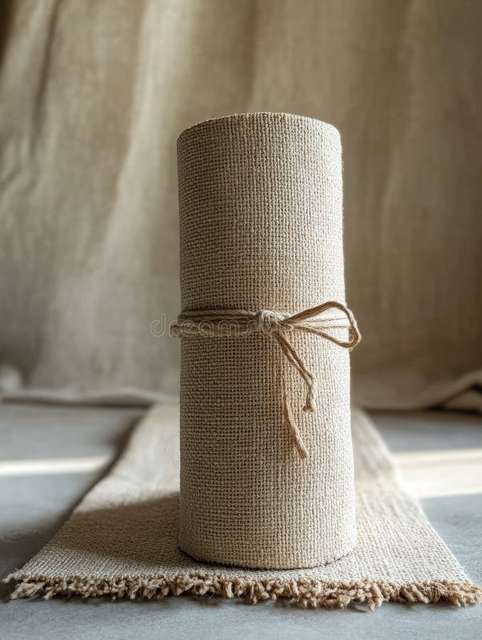 Rolled Woven Rug Tied with Rope on a Rustic Fabric Background Stock ...