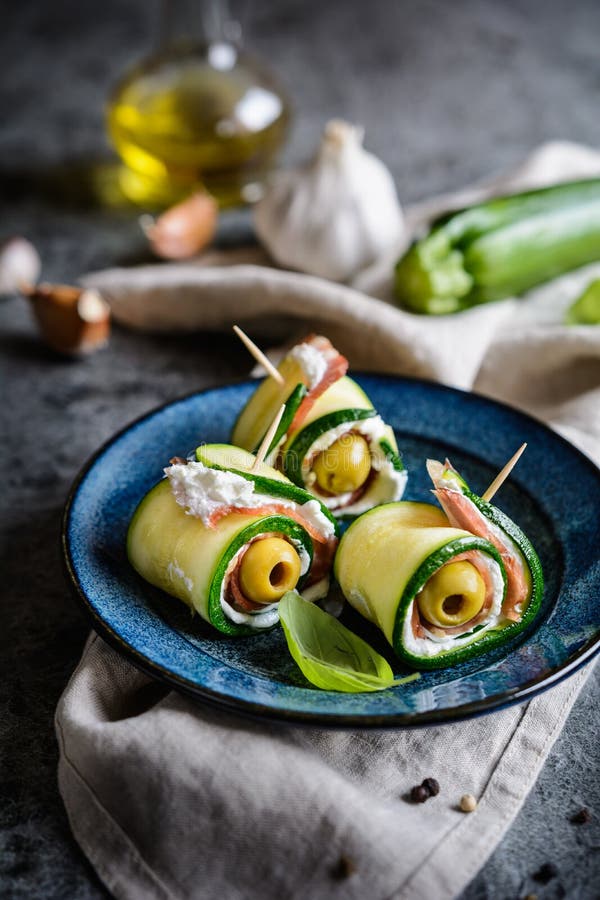 Rolled Zucchini Slices Stuffed with Bacon, Cream Cheese and Olive Stock ...