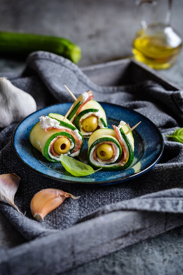 Rolled Zucchini Slices Stuffed with Bacon, Cream Cheese and Olive Stock ...