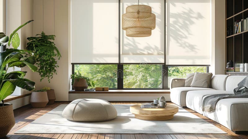 Roller Blinds on the Windows in Living Room. the Room Has Large Plants, Coffee Table and Light ...