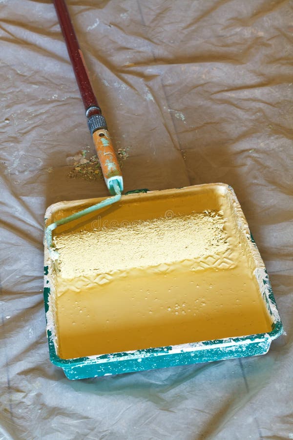 Roller Brush with Handle in Plastic Paint Tray Stock Photo - Image of ...