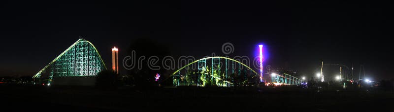 Roller Coaster at Night Panorama Stock Photo - Image of metropolis ...