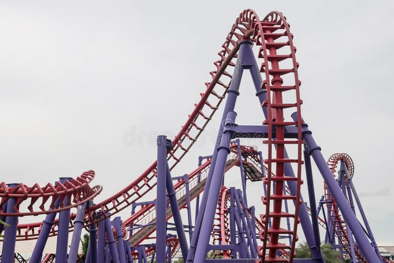 Roller Coaster Red Track in Amusement Park Stock Image - Image of ...
