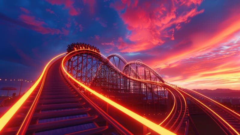 A Roller Coaster Ride Going Down a Track at Sunset with Vibrant Colors ...