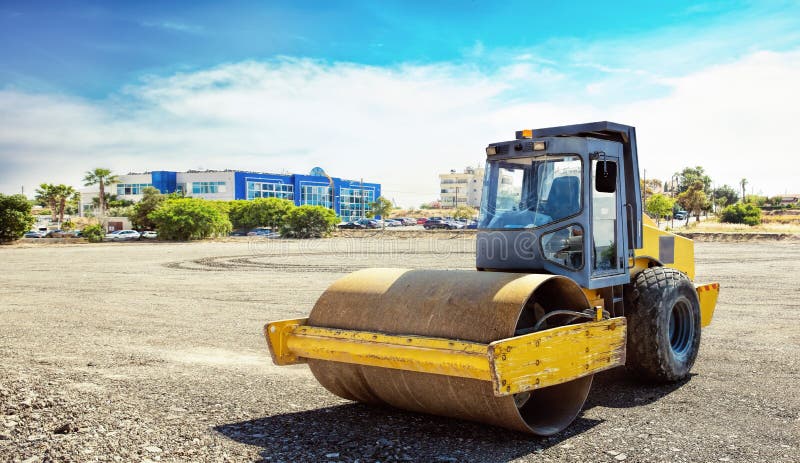 Roller Compactor Machine Flattens the Asphalt Stock Image - Image of ...