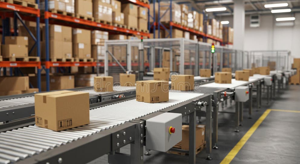 Roller Conveyor System in a Warehouse Features Multiple Brown Cardboard ...