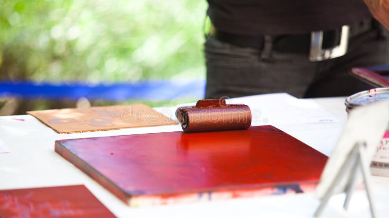 Roller, Red Ink, Work Surface Stock Photo - Image of detail, craft ...