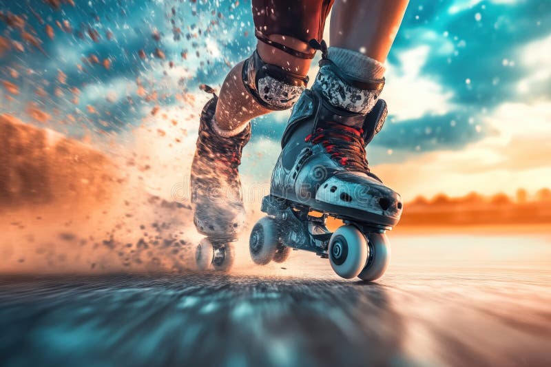 Roller Skater Glides through a Splash of Water at Sunset in a Vibrant ...
