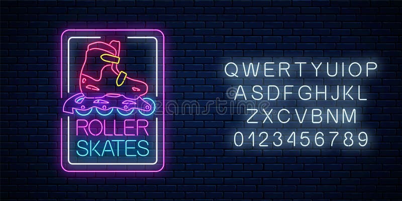 Roller Skates Glowing Neon Sign in Rectangle Frames with Alphabet ...