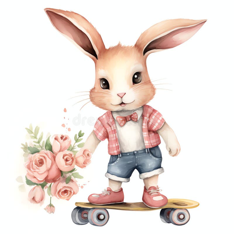 Roller Skating Cute Bunny Pink Cute Bunny Watercolor Stock Illustration ...