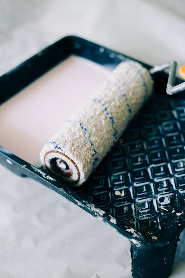 The Roller is Wetted in a Liquid Primer in a Plastic Black Container ...