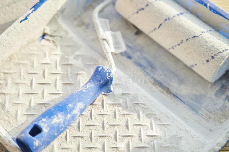 Roller in White Paint in a Container Stock Photo - Image of interior ...