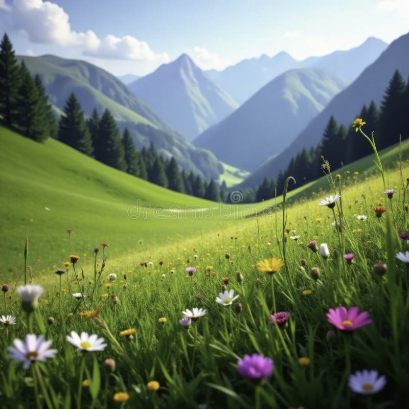 Rolling Alpine Meadows with Wildflowers Swaying in the Breeze, Greenery ...