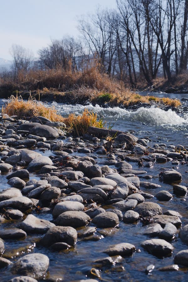 Rolling Cobble Stones on a Blue Flowing Creek River Landscape Stock ...