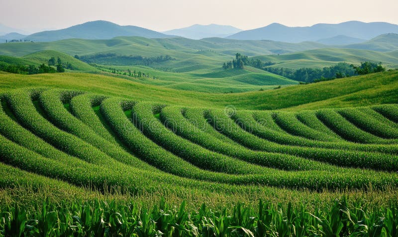 Rolling Cornfields, Lush Green Waves, Distant Mountains Stock Photo ...