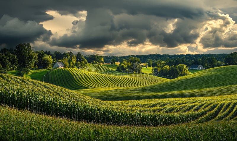 Rolling Cornfields Under Dramatic Skies, Green Waves Stock Photo ...