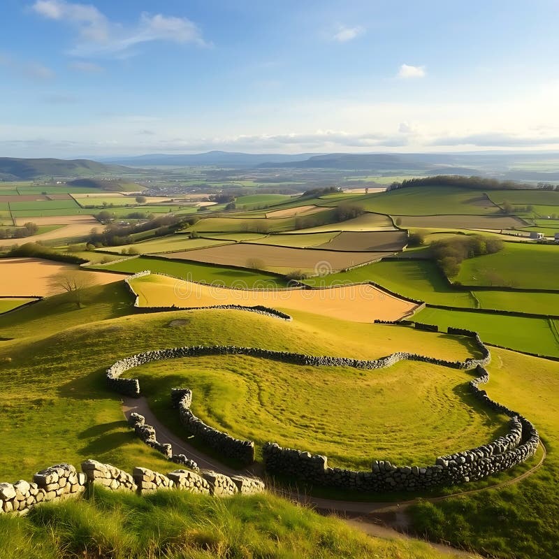 A Rolling Countryside Filled with Patchwork Fields and Winding Stone ...