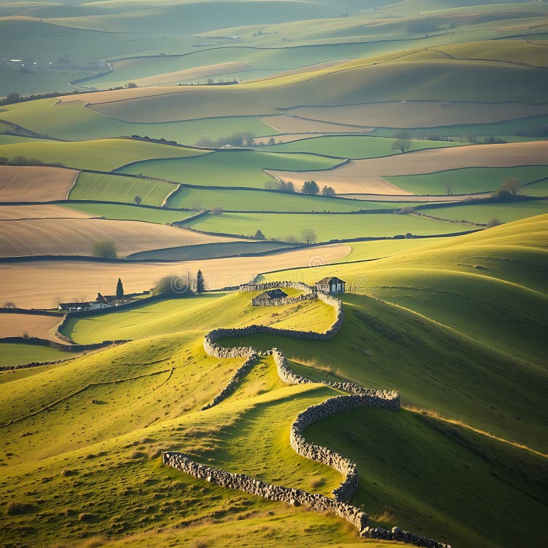 A Rolling Countryside Filled with Patchwork Fields and Winding Stone ...