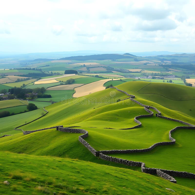 A Rolling Countryside Filled with Patchwork Fields and Winding Stone ...
