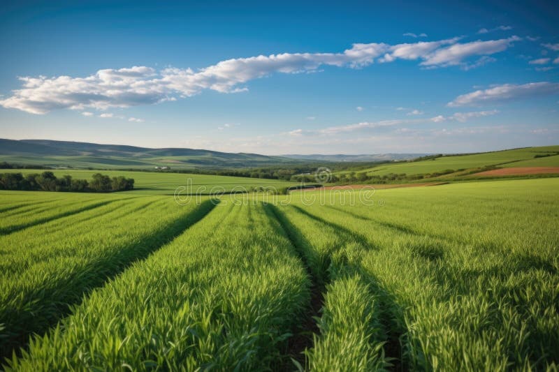 Rolling Countryside Hills with Rows of Crops and a Blue Sky Stock Image ...