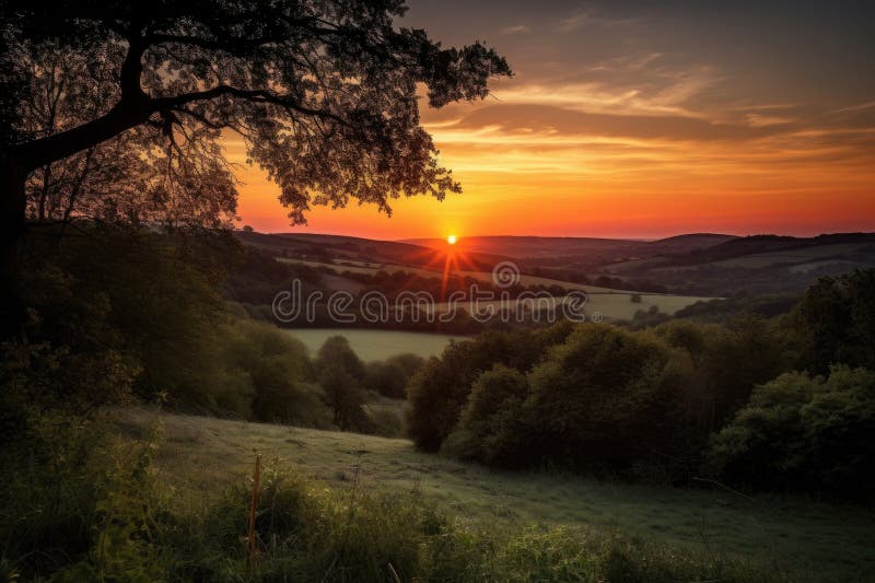 Rolling Countryside Hills, with View of the Sunset, and Silhouettes of ...